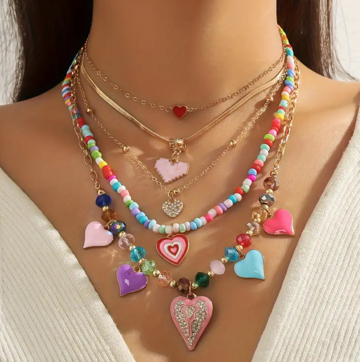 Multi collar corazón arcoíris – Rosa Bombón